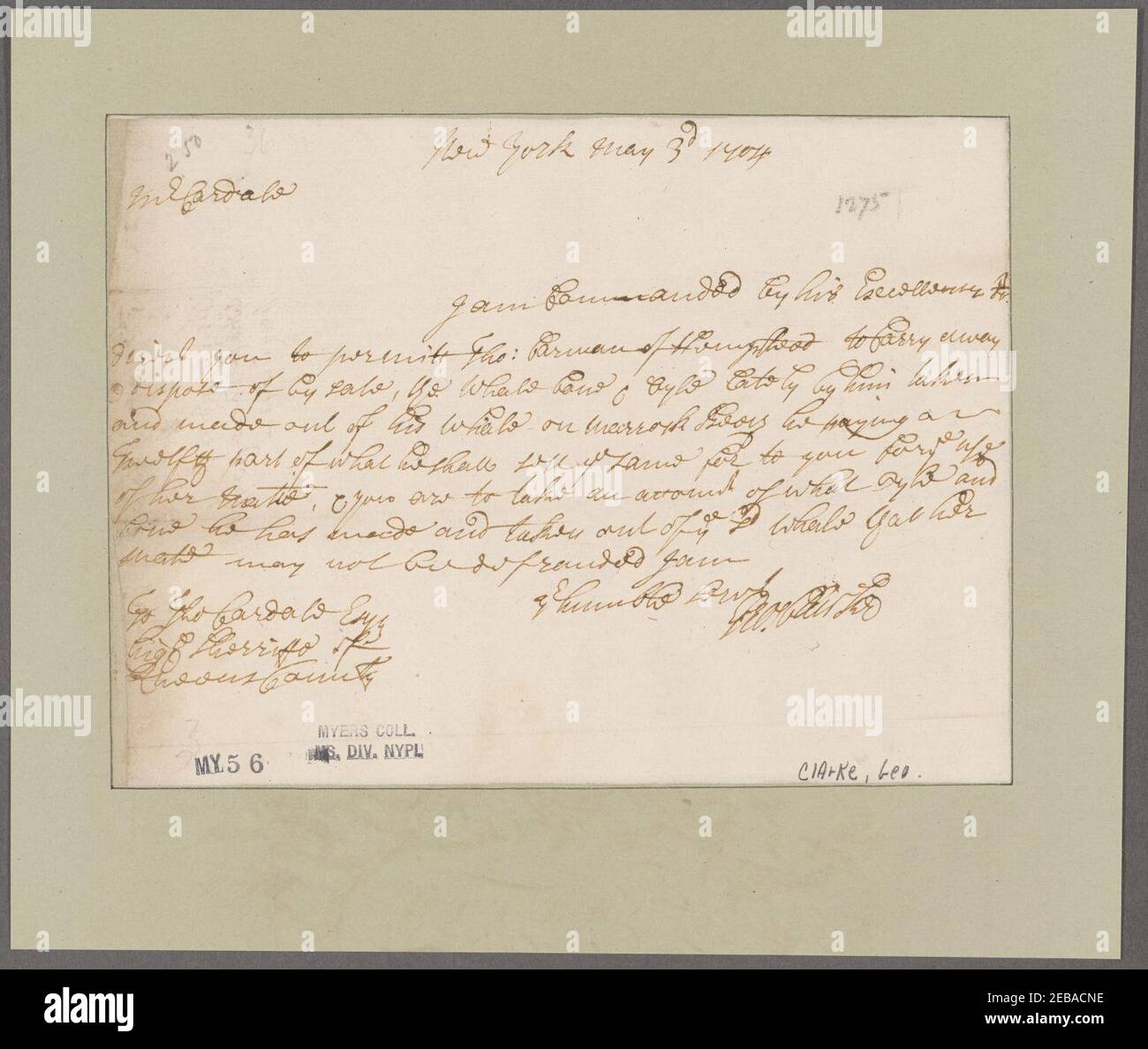 Clarke, George. N.Y. To Mr. (Thomas) Cardale Stock Photo - Alamy