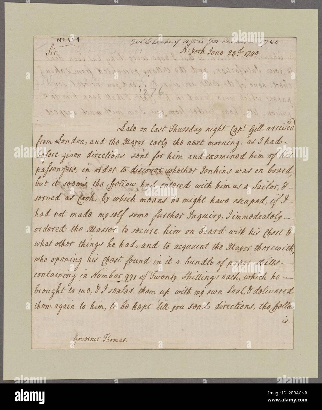 Clarke, George. New York. To Lieut. Gov. George Thomas of Pennsylvania ...