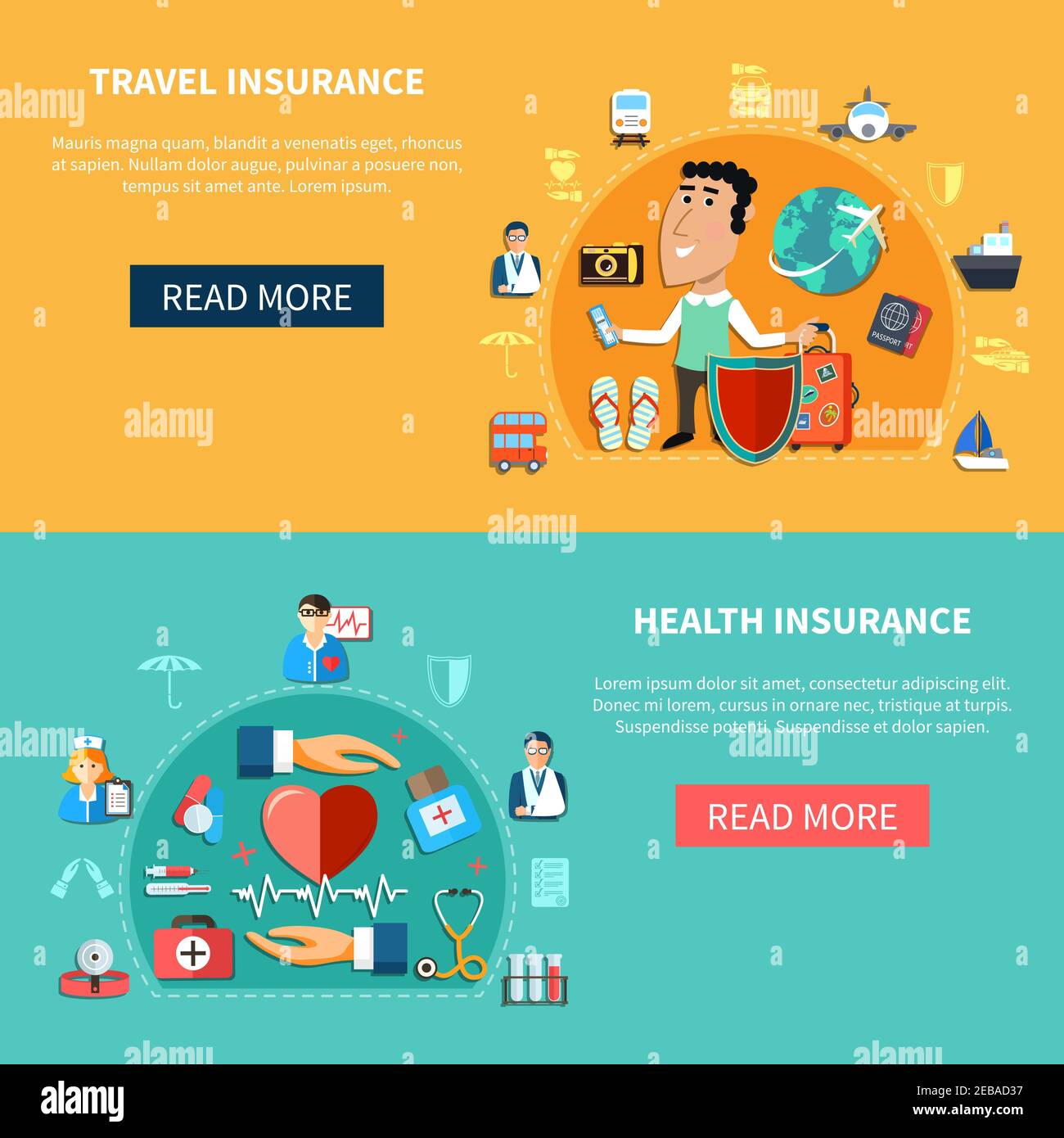 Medical and journey insurance horizontal banners with health and ...