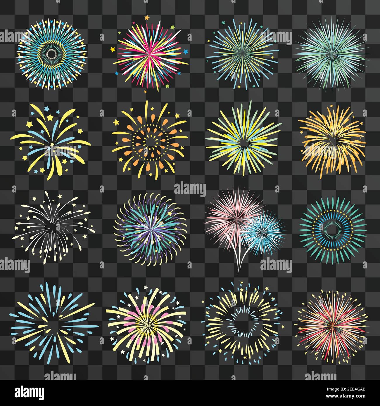 Set of isolated brightly celebration firework balls on dark transparent ...