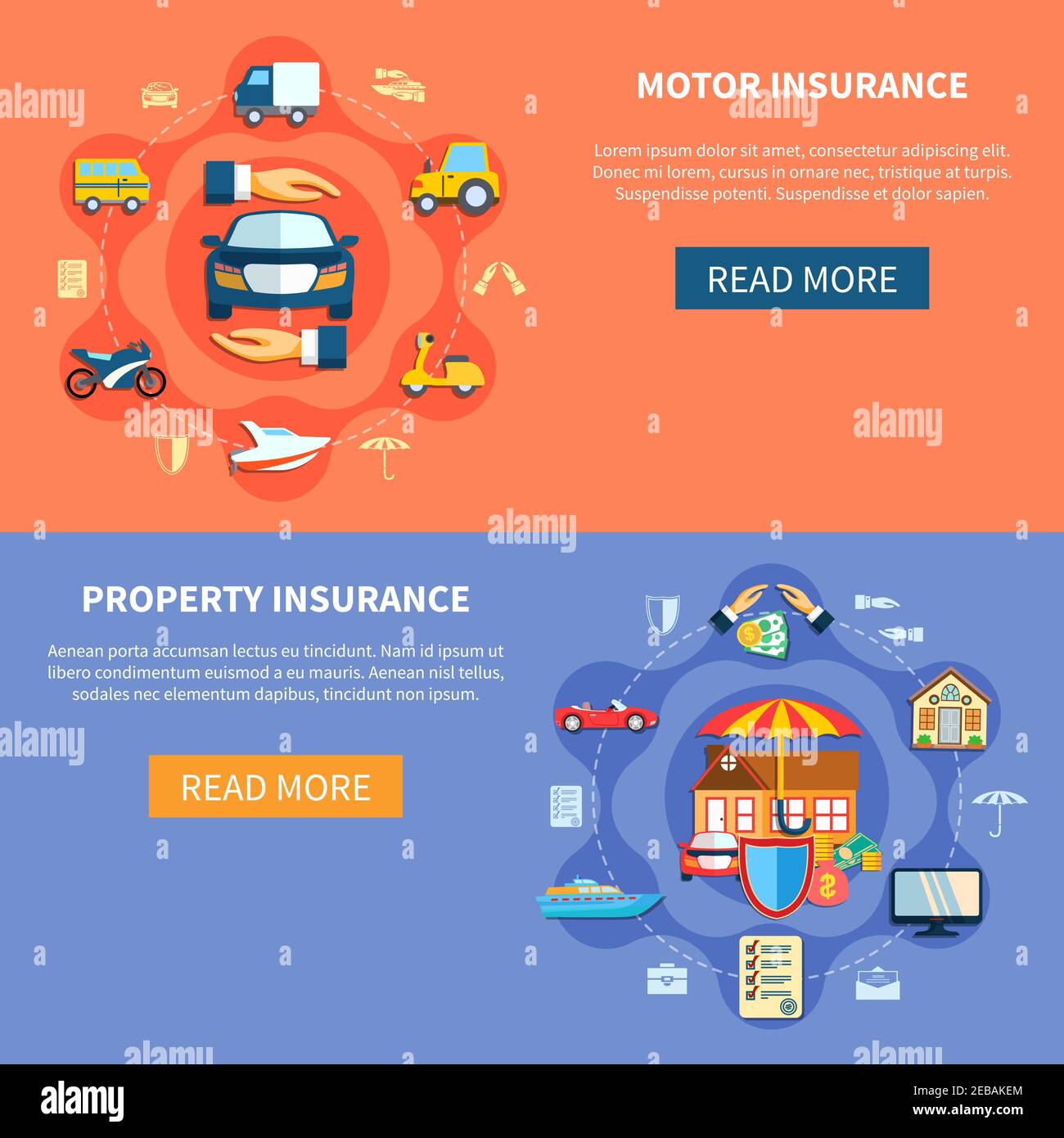 Vehicle and house insurance horizontal banners transport and property ...