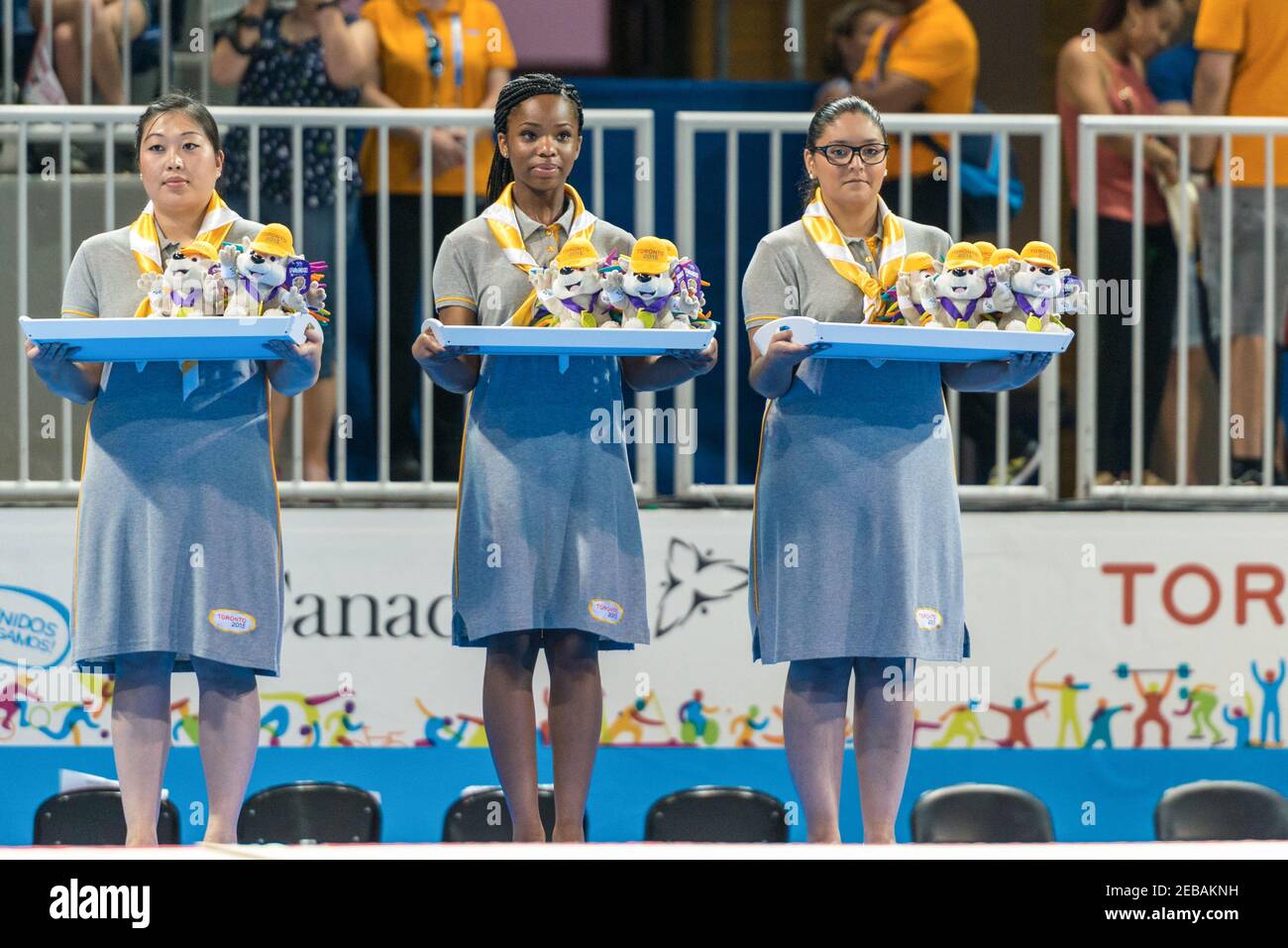 The Toronto PanAm games mascot Pachi is given along medals in the ...