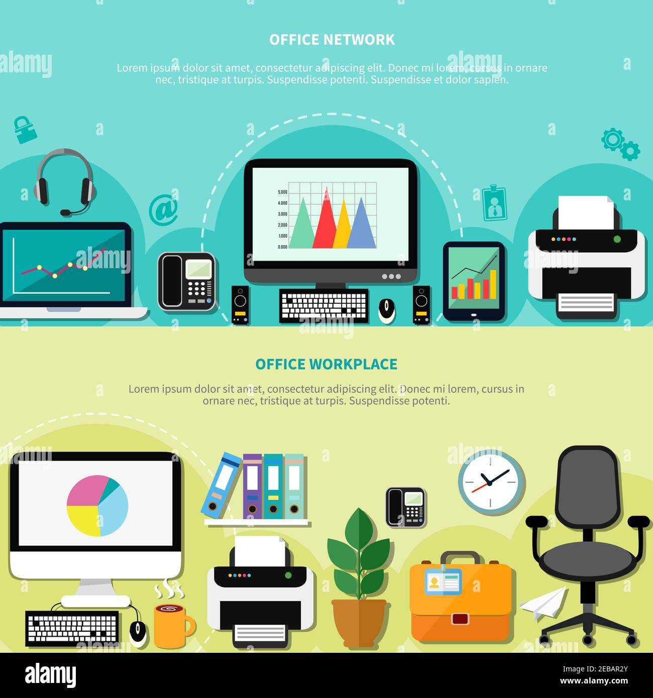 Office workplace for network horizontal banners with computers ...