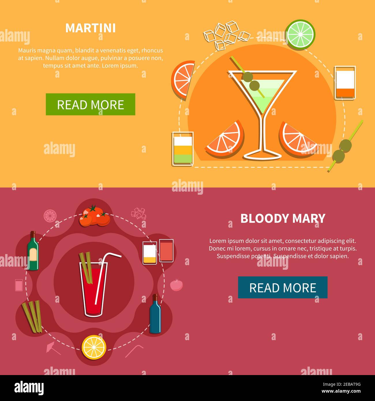 Cocktail horizontal banners with recipes of alcoholic beverages in flat ...