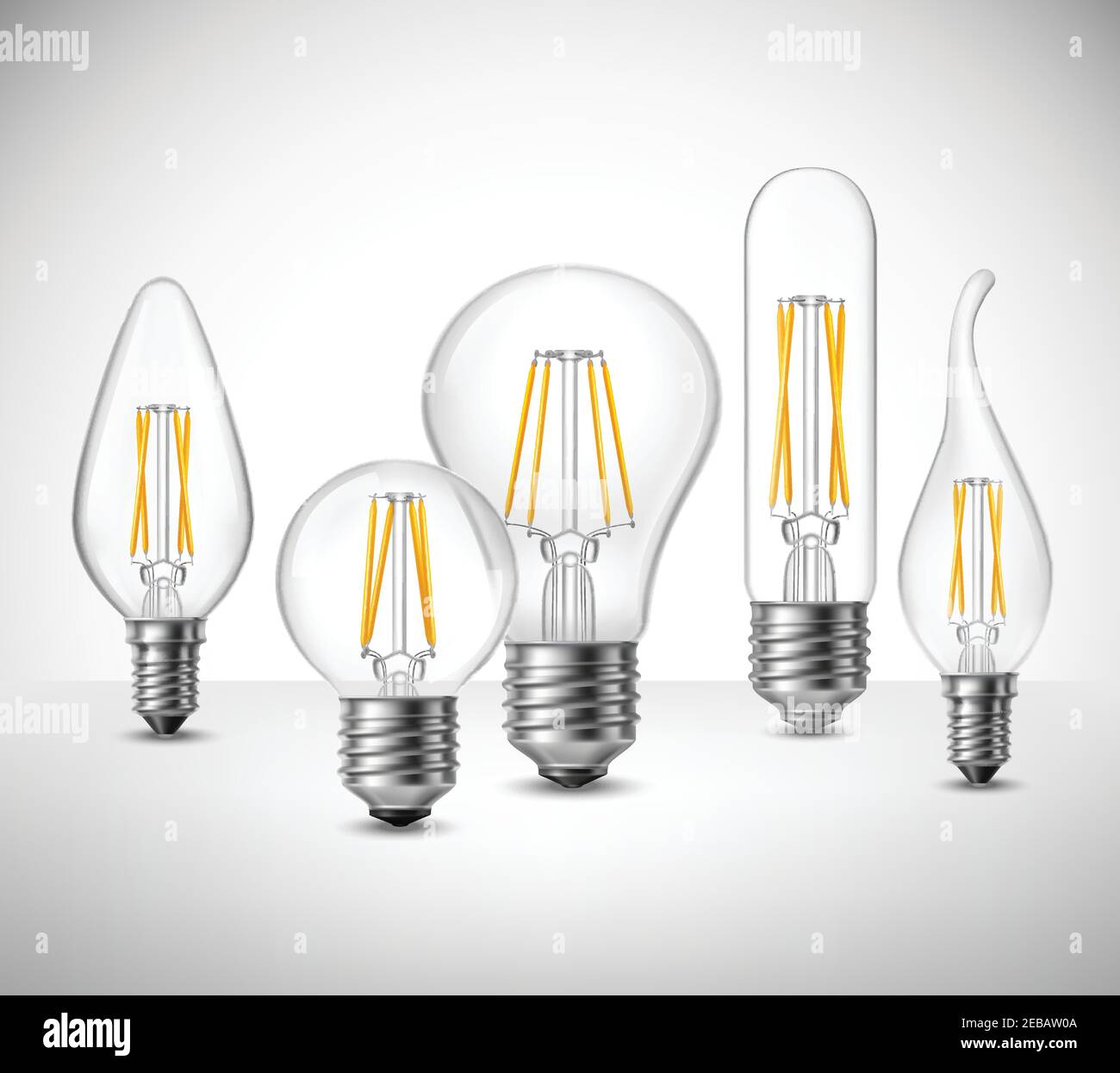 Realistic set of filament led lightbulbs on grey surface vector ...