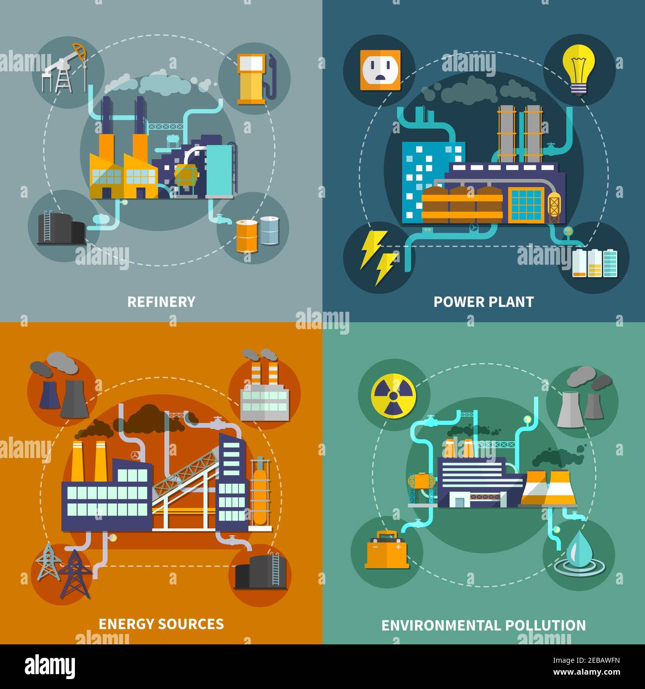Industry 4 flat icons square composition abstract isolated vector ...