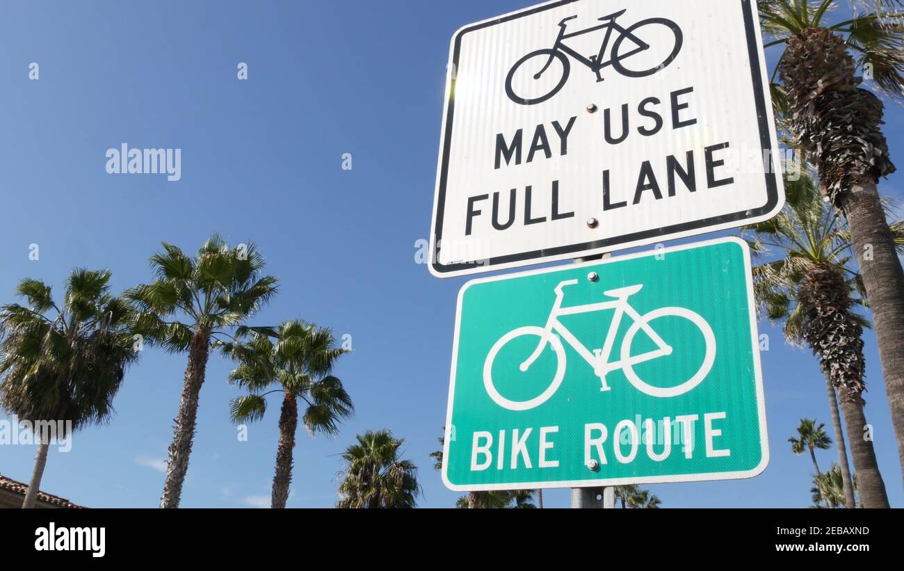 Bike Route green road sign in California, USA. Bicycle lane singpost ...