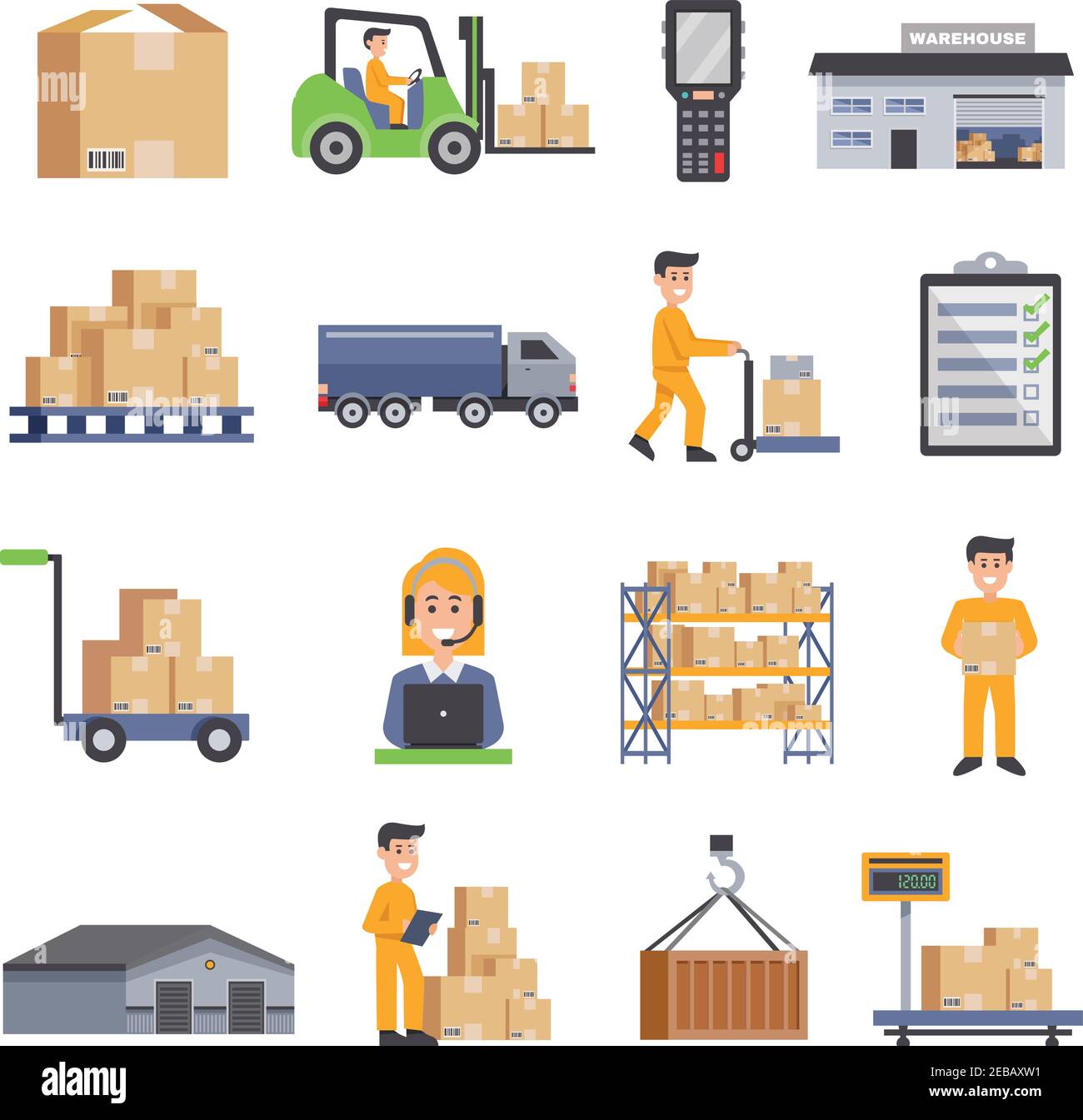 Warehouse isolated flat icons set of delivery truck shelves with goods ...