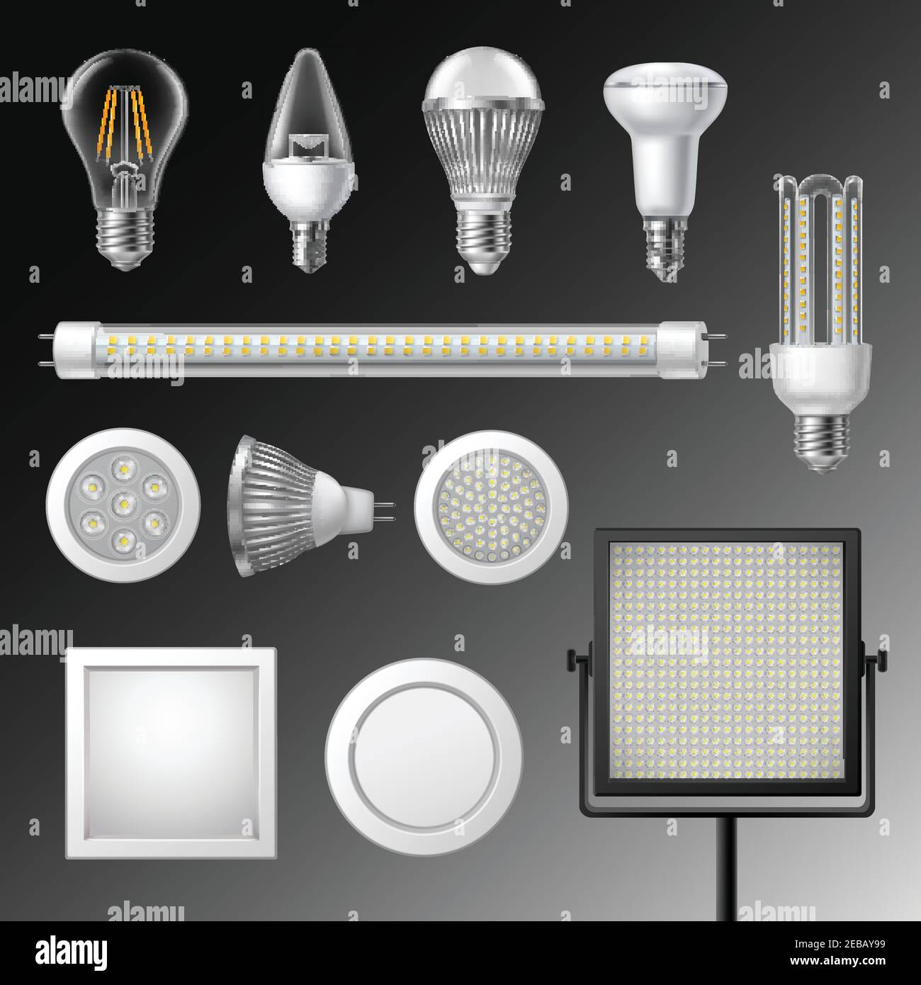 Realistic led lamps of different size and shape set isolated vector ...
