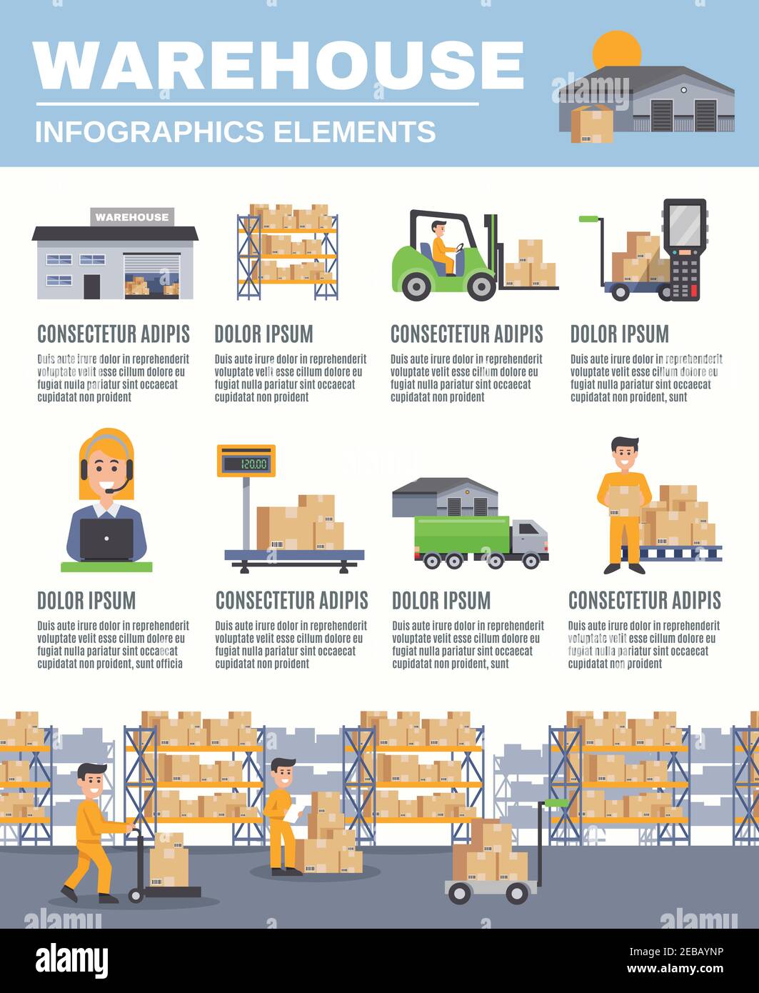 Warehouse infographics flat layout with cargo transport fork lift racks ...