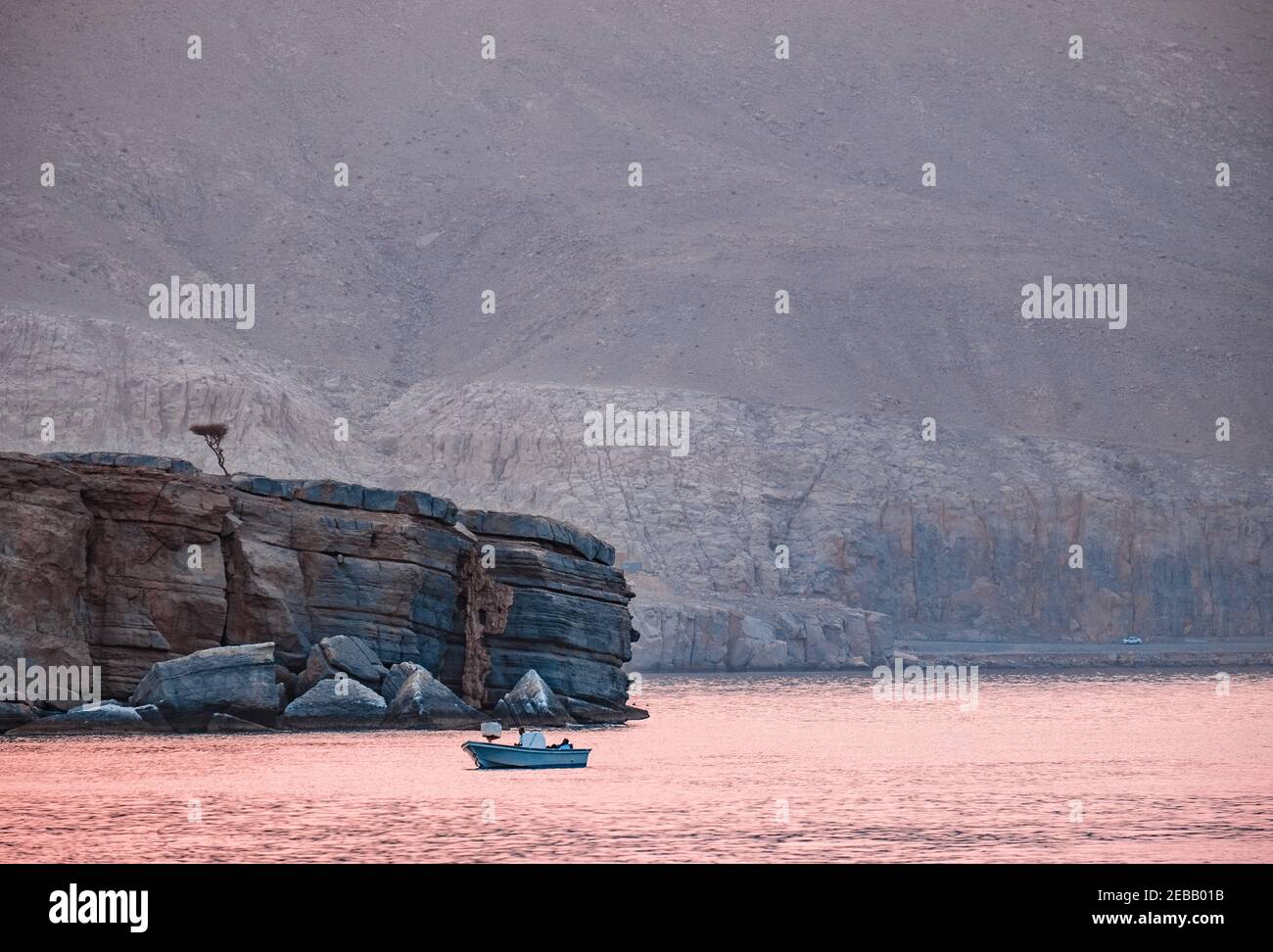 Wide-angle lens shot of mountains near the sea in Khasab, Oman Stock ...