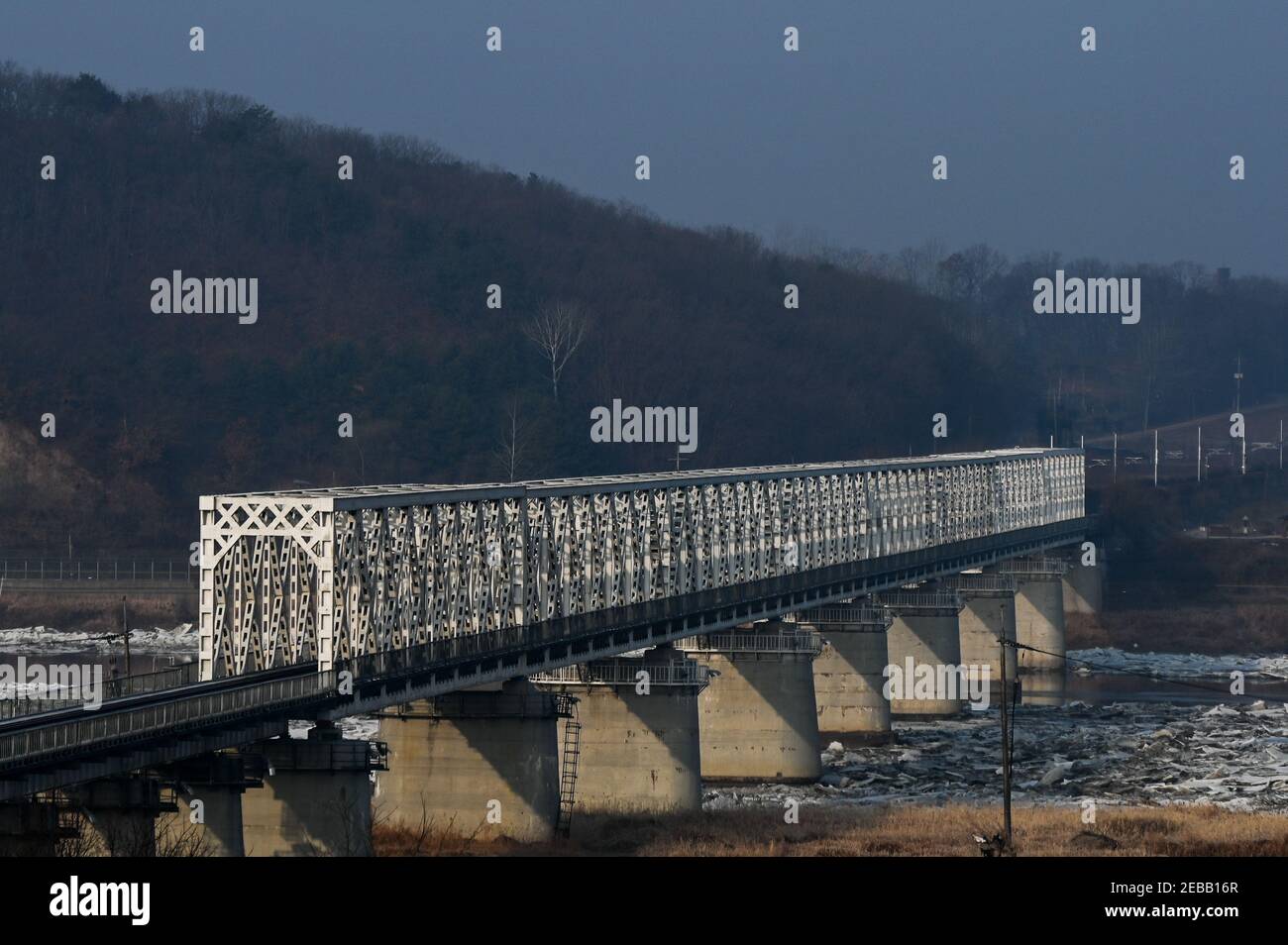Paju, South Korea. 12th Feb, 2021. The Freedom Bridge crosses the Imjin ...