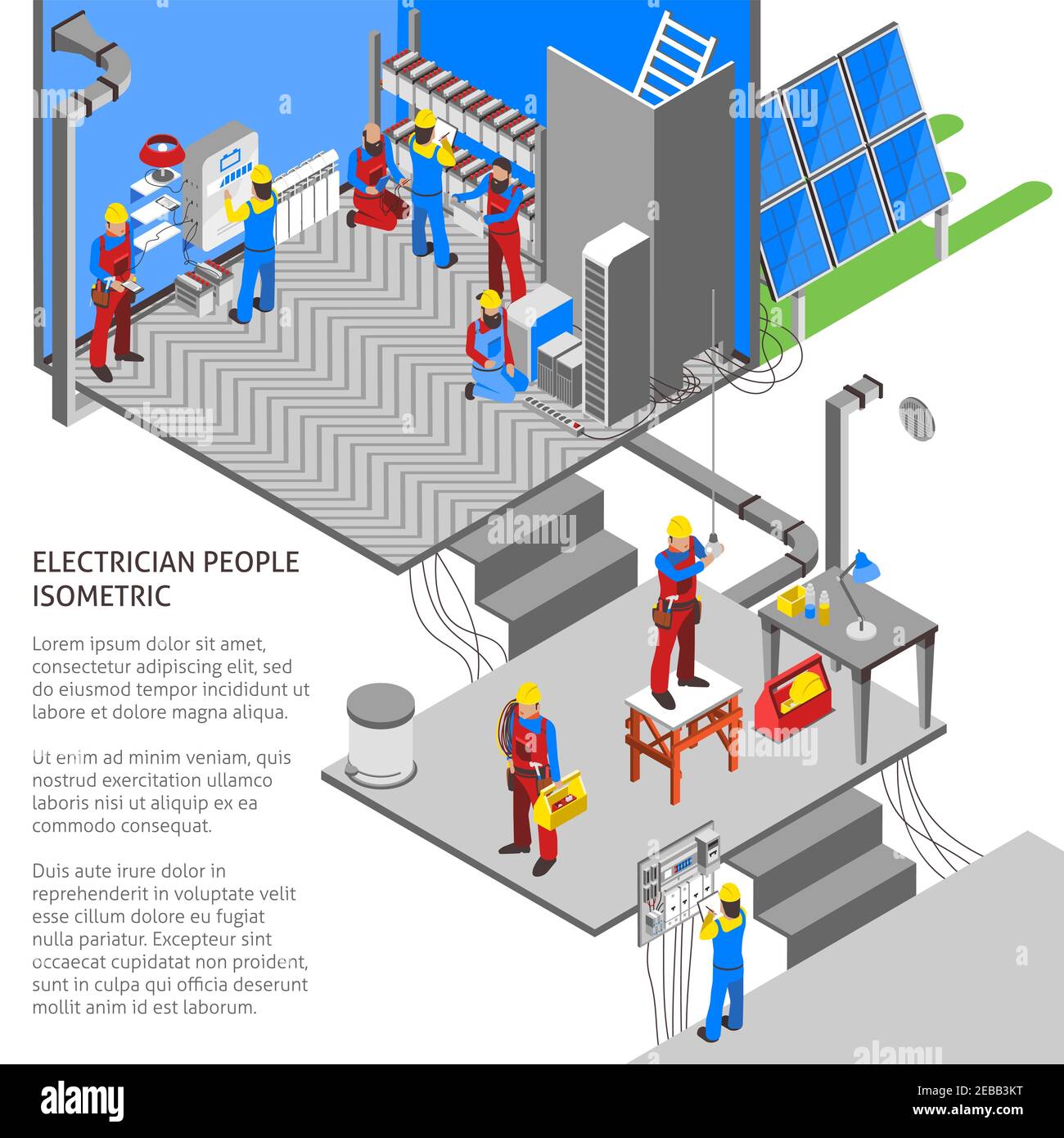 Electrician isometric composition with technology and power symbols ...