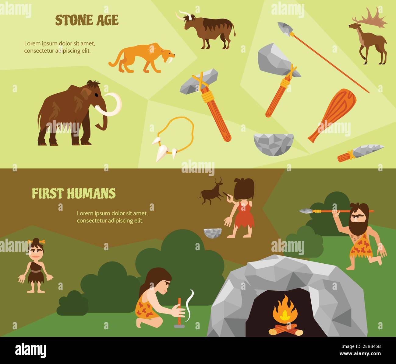 History flat horizontal banners with ancient weapon animals tribe ...