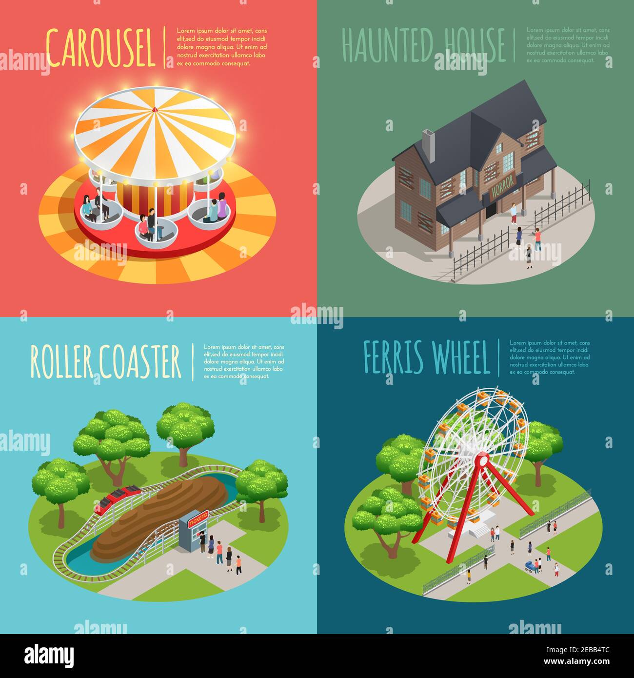 Amusement park concept icons set with haunted house and carousel ...
