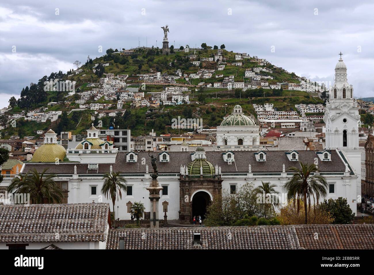 city overview, hillside, Cathedral, buildings, Virgin of Quito statue ...