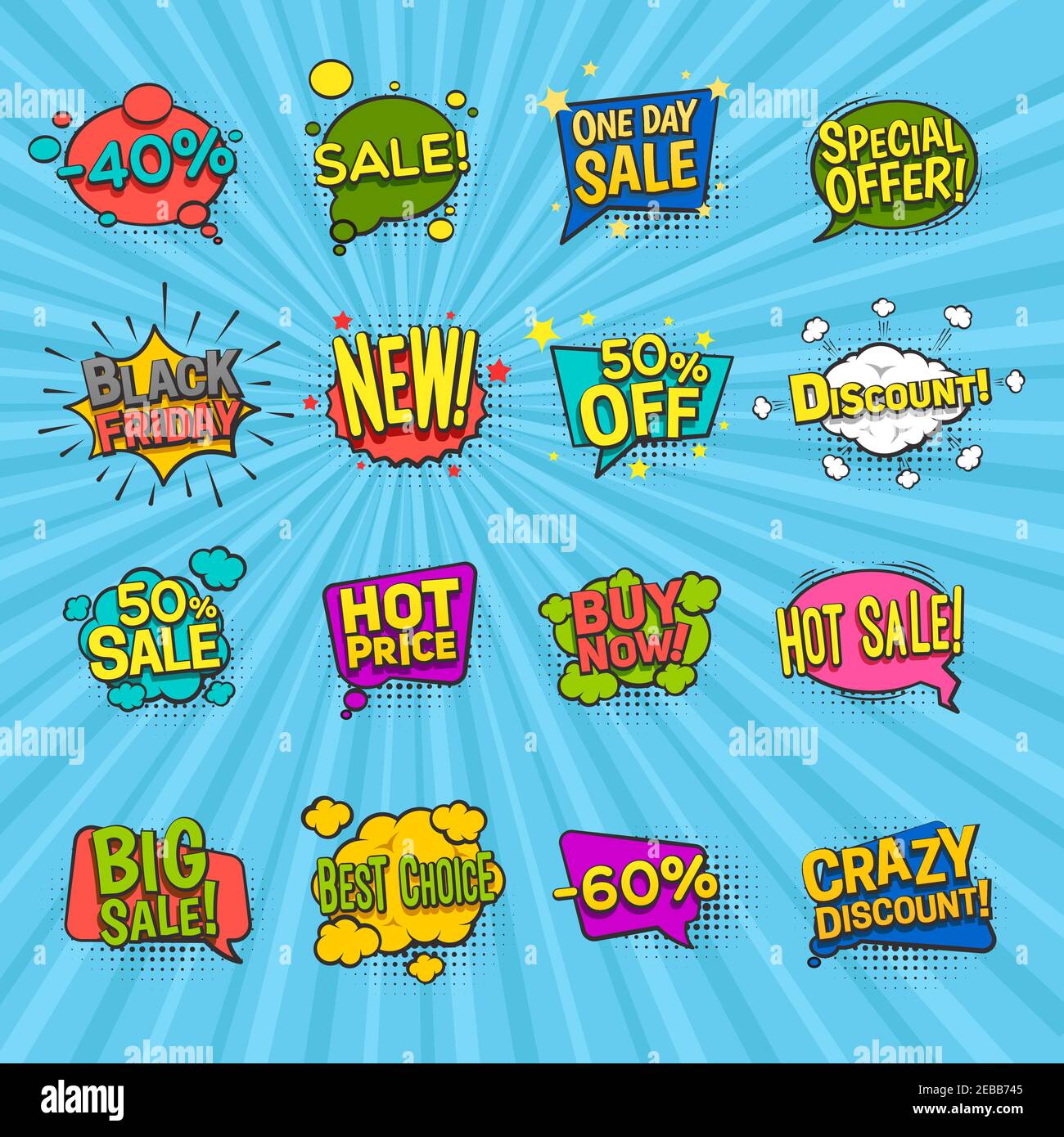 Discount comic icons set with special offer symbols on blue background ...
