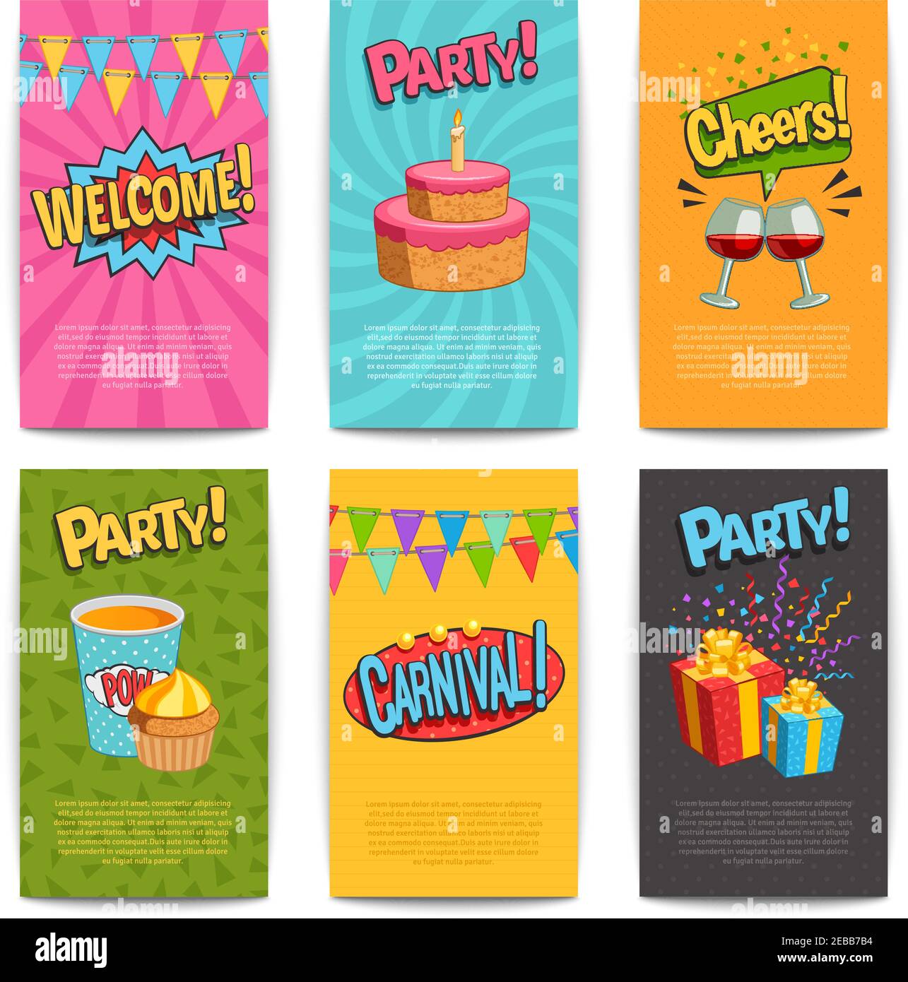 Party comic posters set with fun symbols flat isolated vector ...