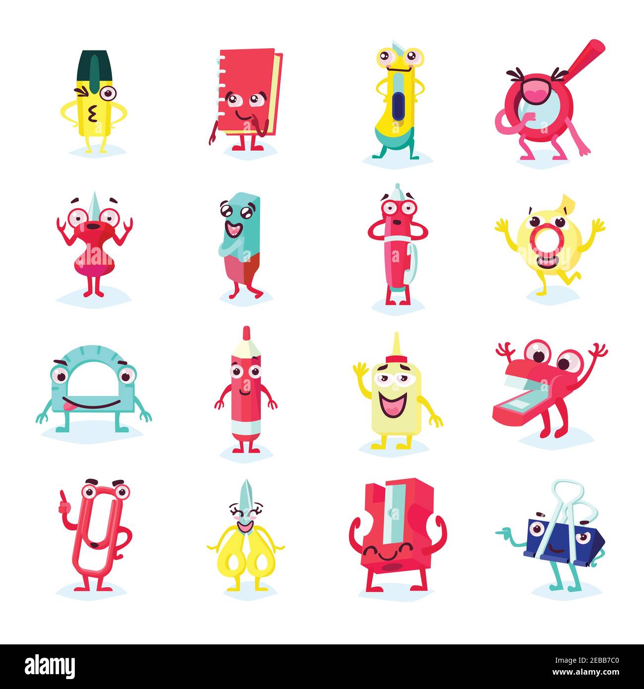 Office supplies funny flat collection with different smiling tools ...