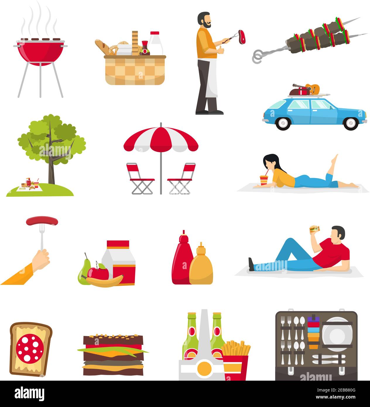 Picnic and barbecue flat icons with skewer basket products cookware set ...
