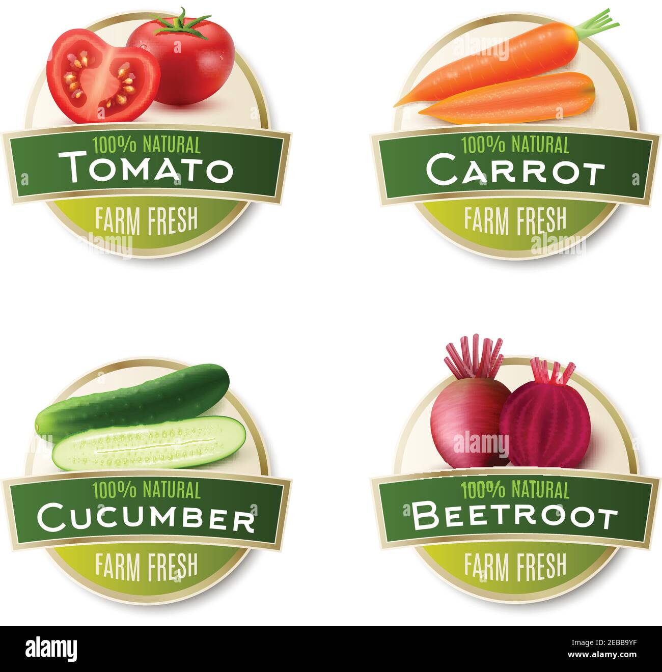 Organic farm fresh vegetables 4 round labels collection with ecological ...