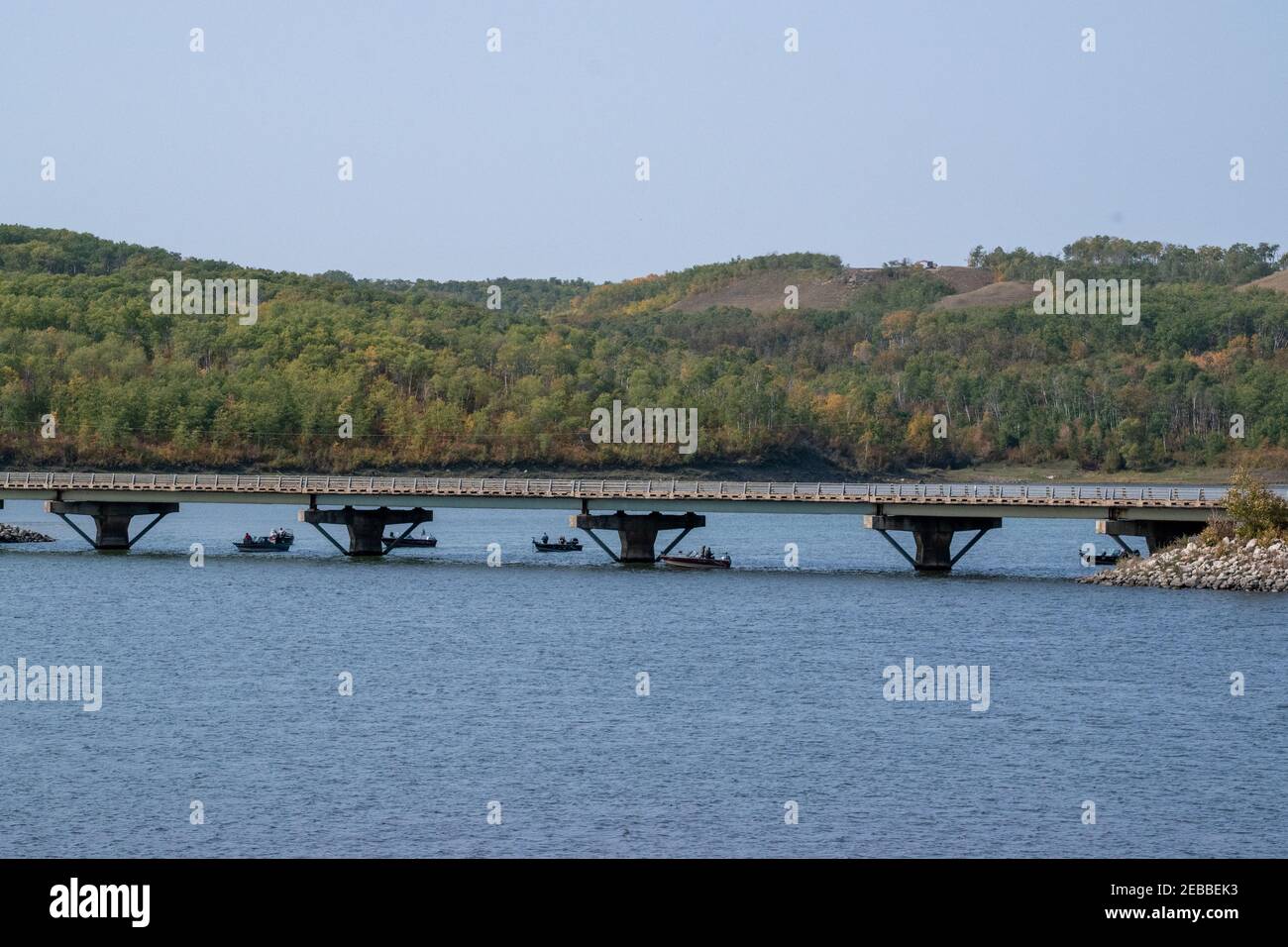 Boaters under the bridge that crosses the Shellmouth Reservoir, also ...