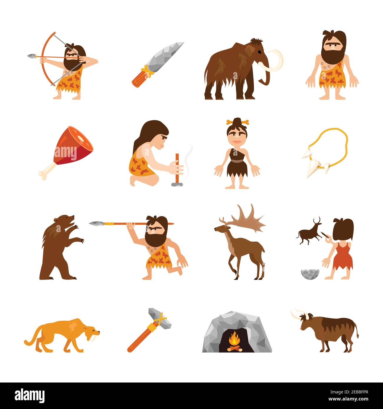 Stone age icons set of caveman animals bonfire weapons meat and charm ...