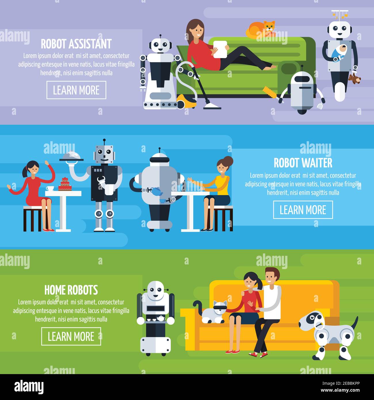 Artificial intelligence horizontal banners with robots helping people ...