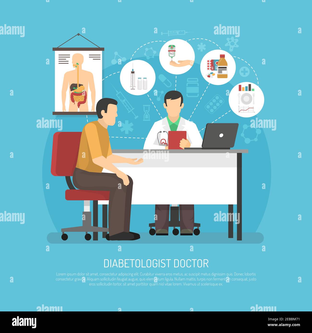 Diabetes treatment vector illustration with patient in doctors office ...