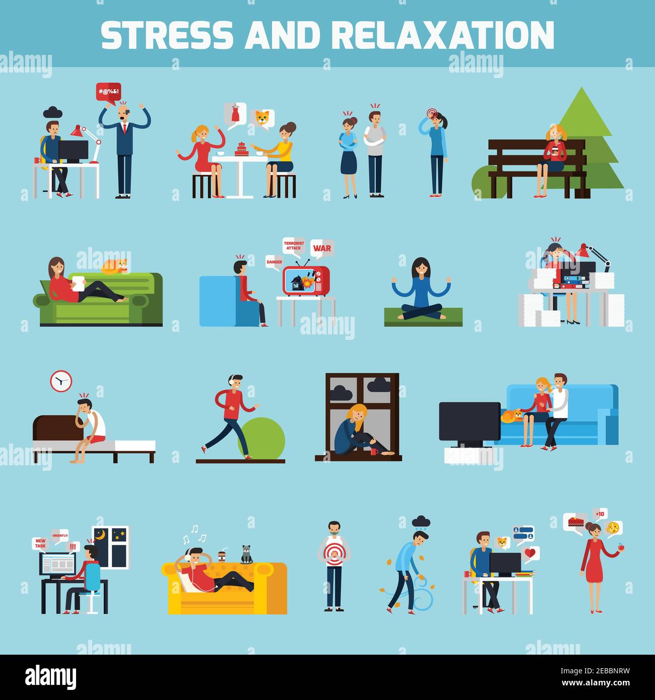 Stress and relaxation collection with people in stressful situations ...