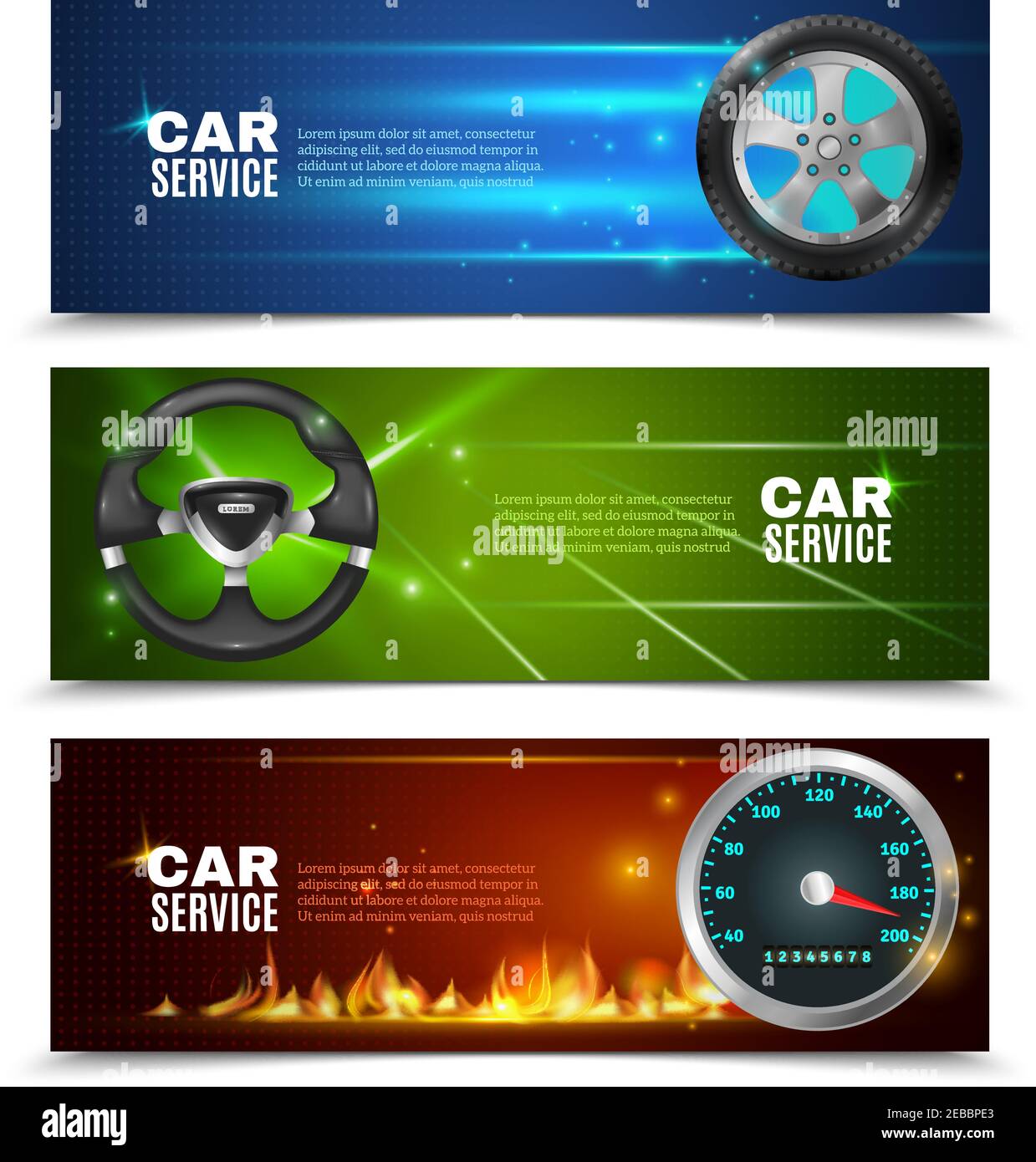 Car service horizontal banners with tire steering wheel and speedometer ...
