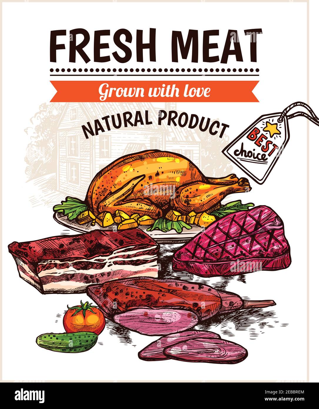 Hand drawn meet dishes poster with roasted chicken steak beef and ...