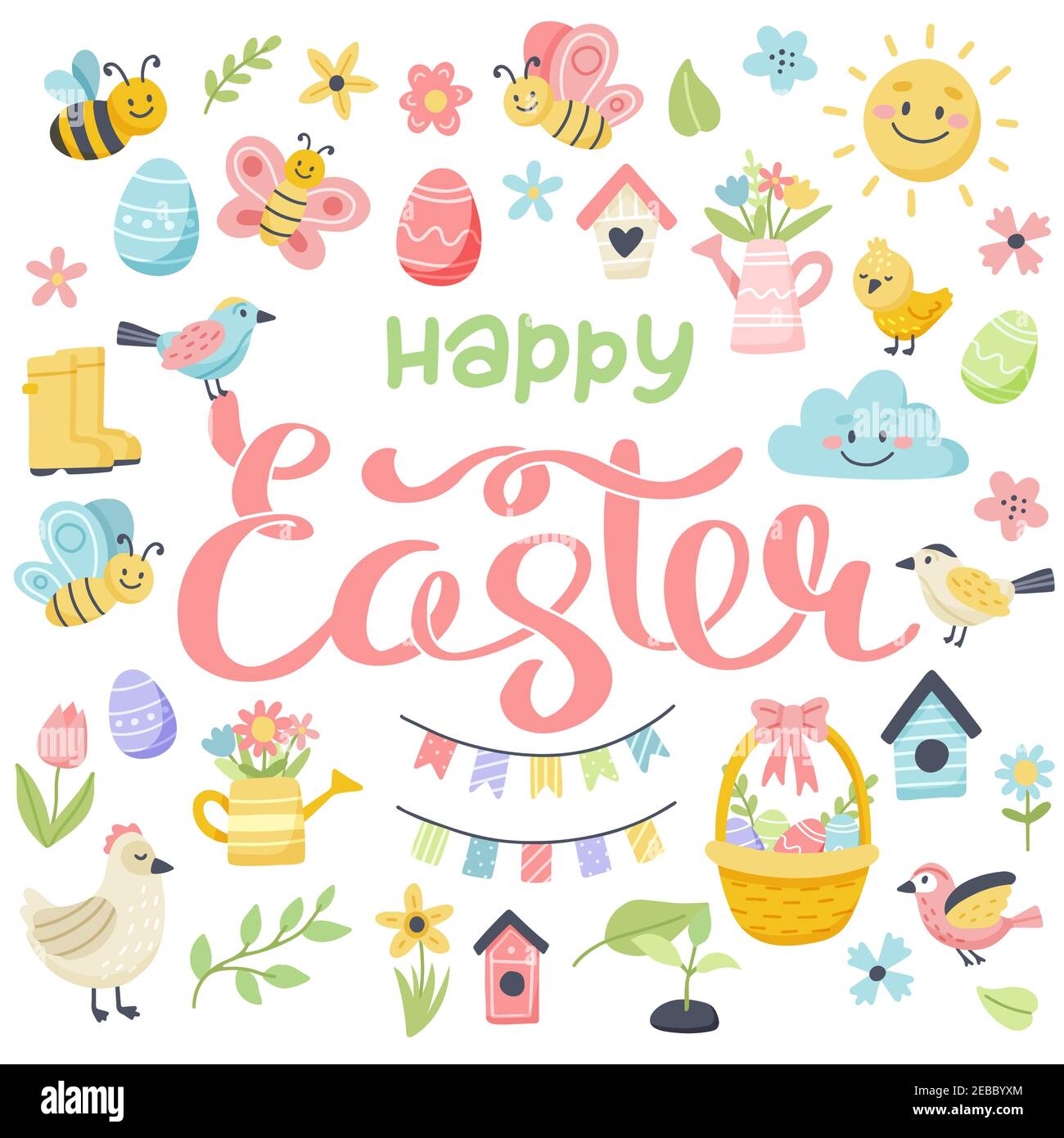 Happy easter lettering with cute eggs, birds, bees, butterflies. Cute ...