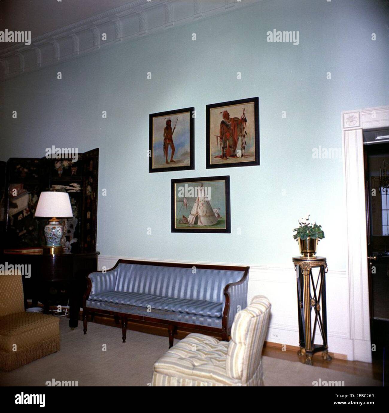 White House Rooms: Second-Floor Center Hall. Three paintings depicting ...