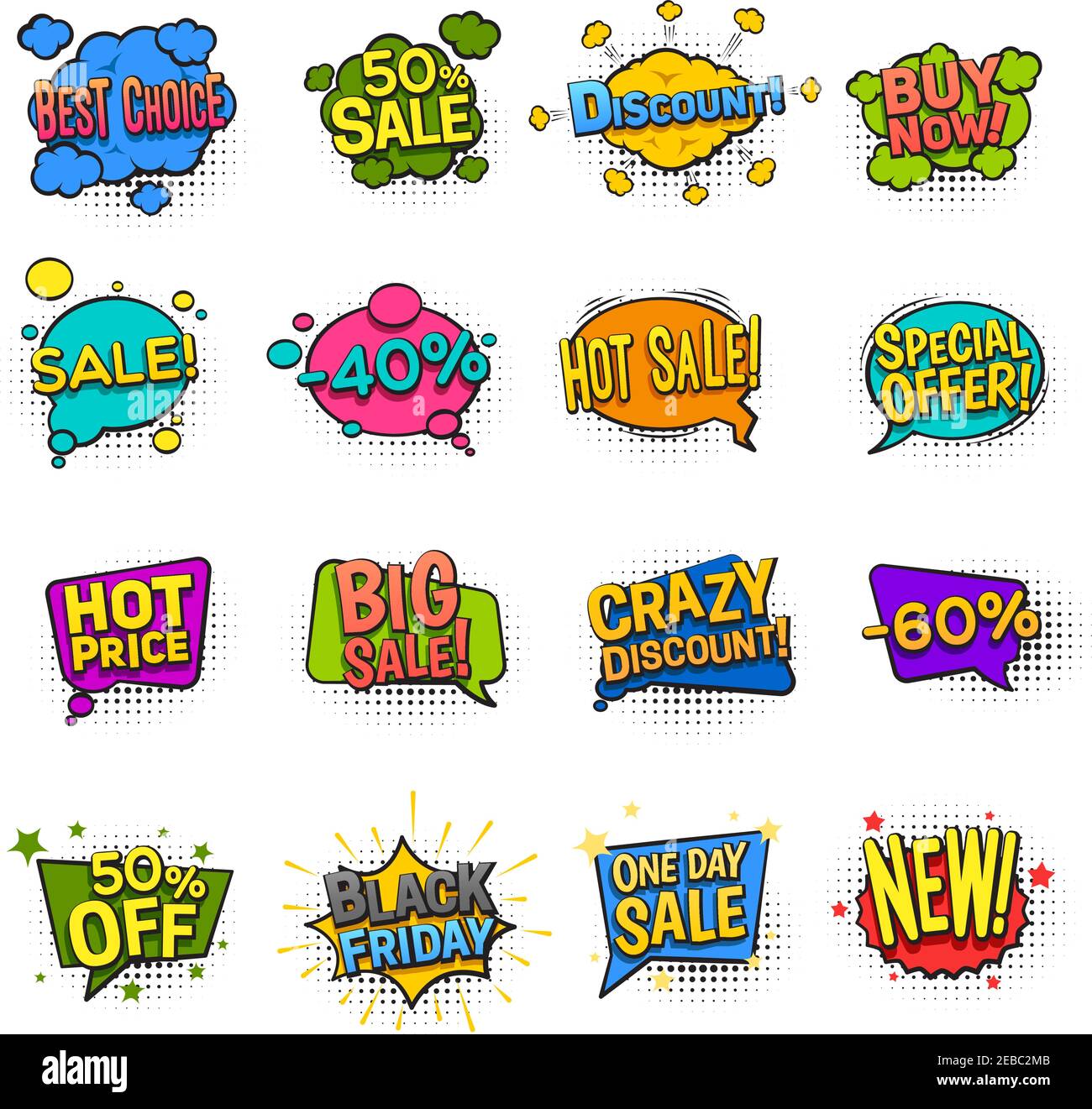 Sale comic icons set with discount symbols flat isolated vector ...