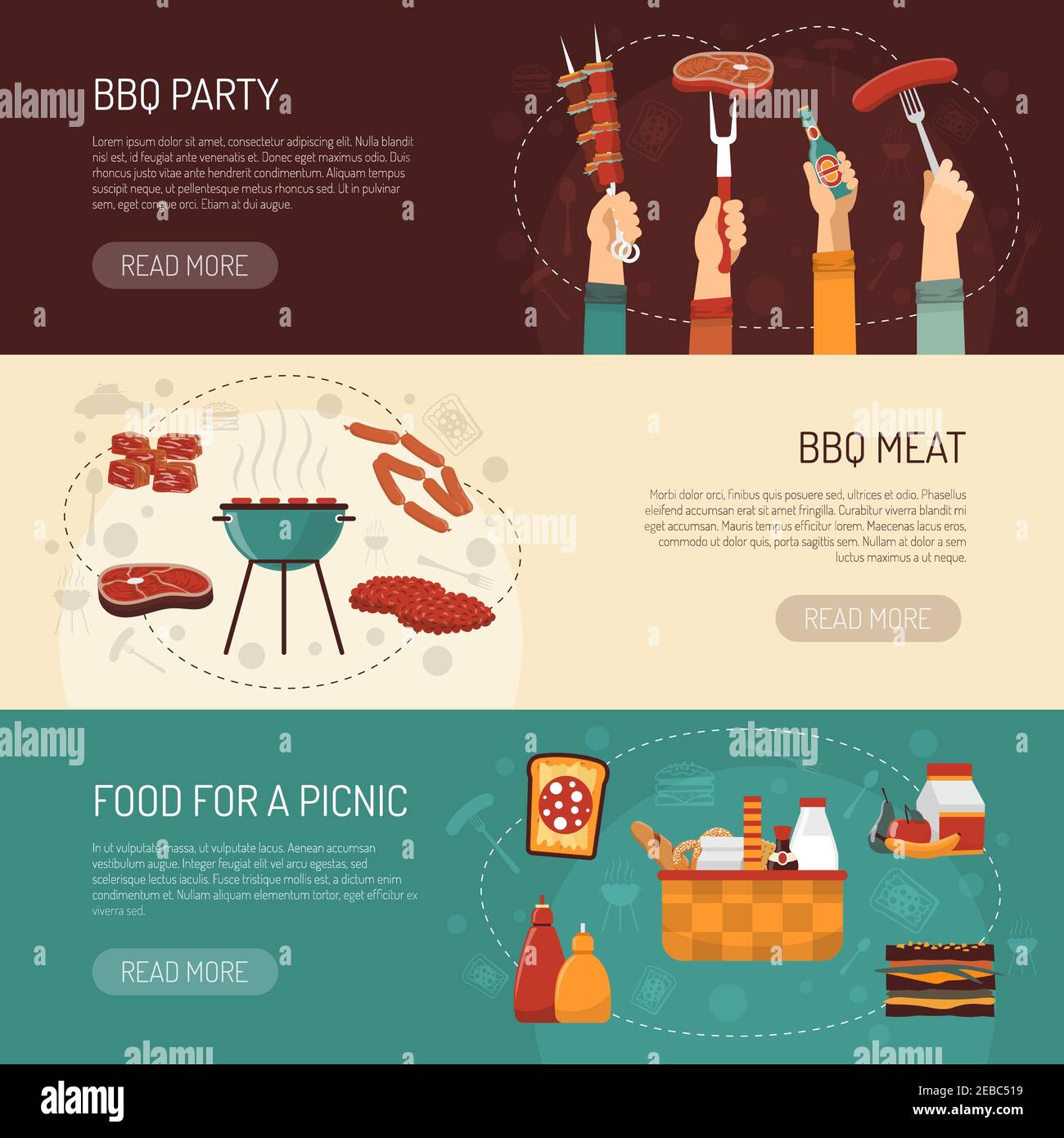Barbecue party horizontal banners with food kit for picnic and grilled ...