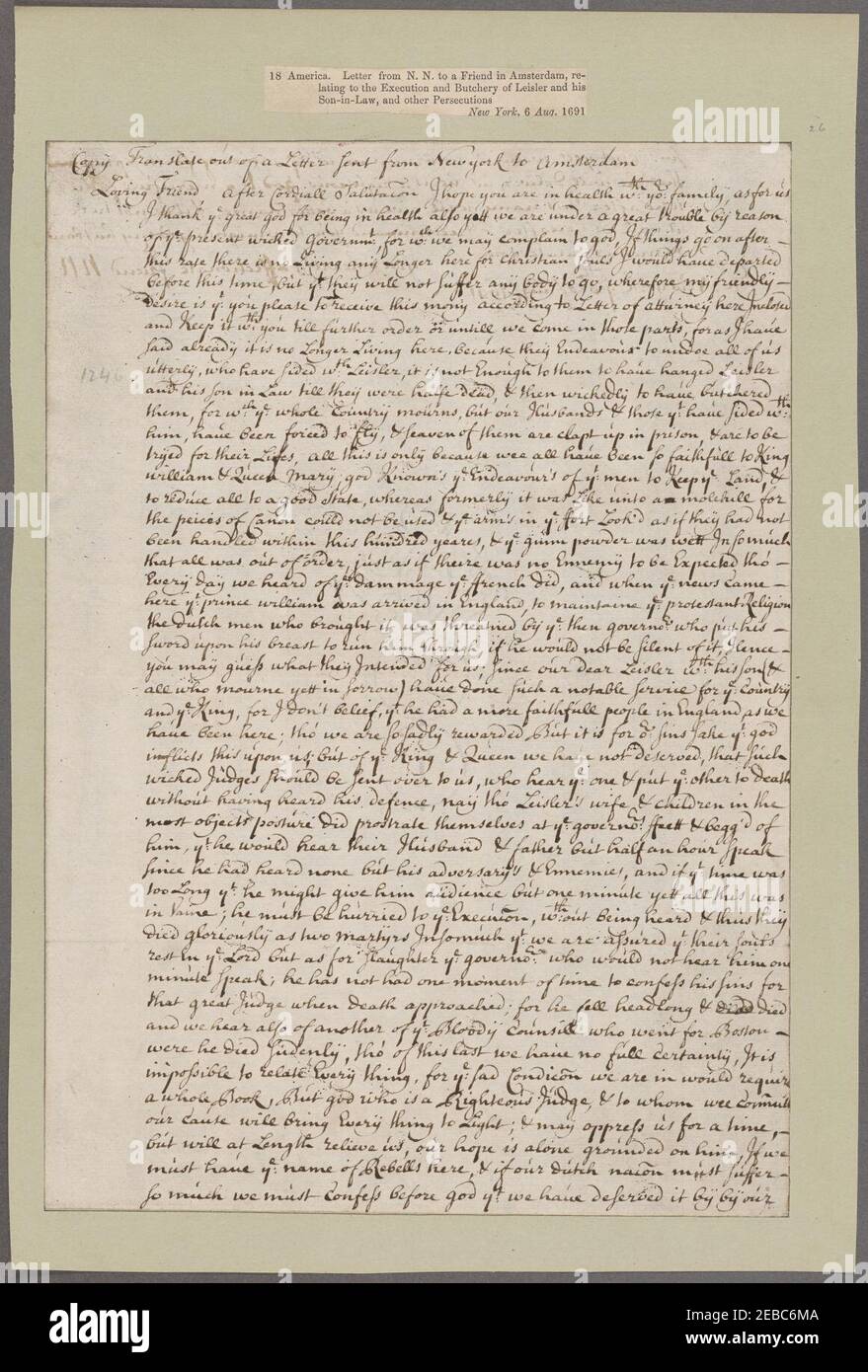 Leisler, Jacob. New York. Letter from N.N. to a friend in Amsterdam ...