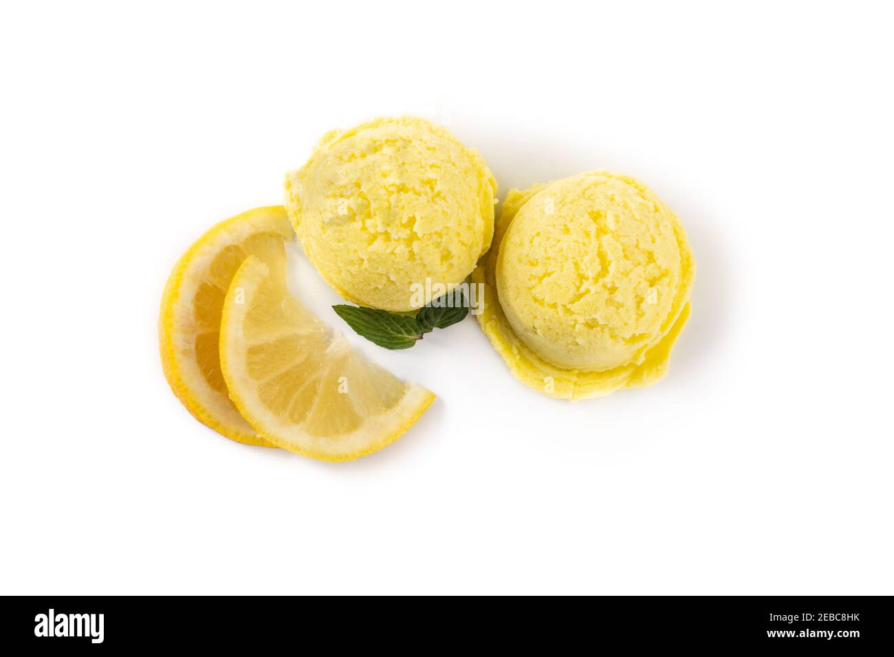 Lemon ice cream scoop decorated with mint leaves isolated on white ...