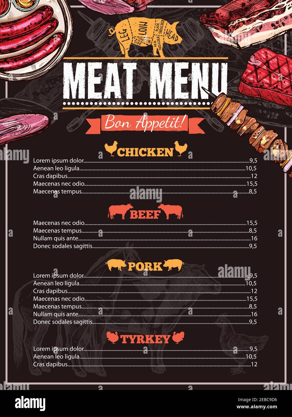 Hand drawn meat menu with prices chicken pork turkey and beef dishes ...