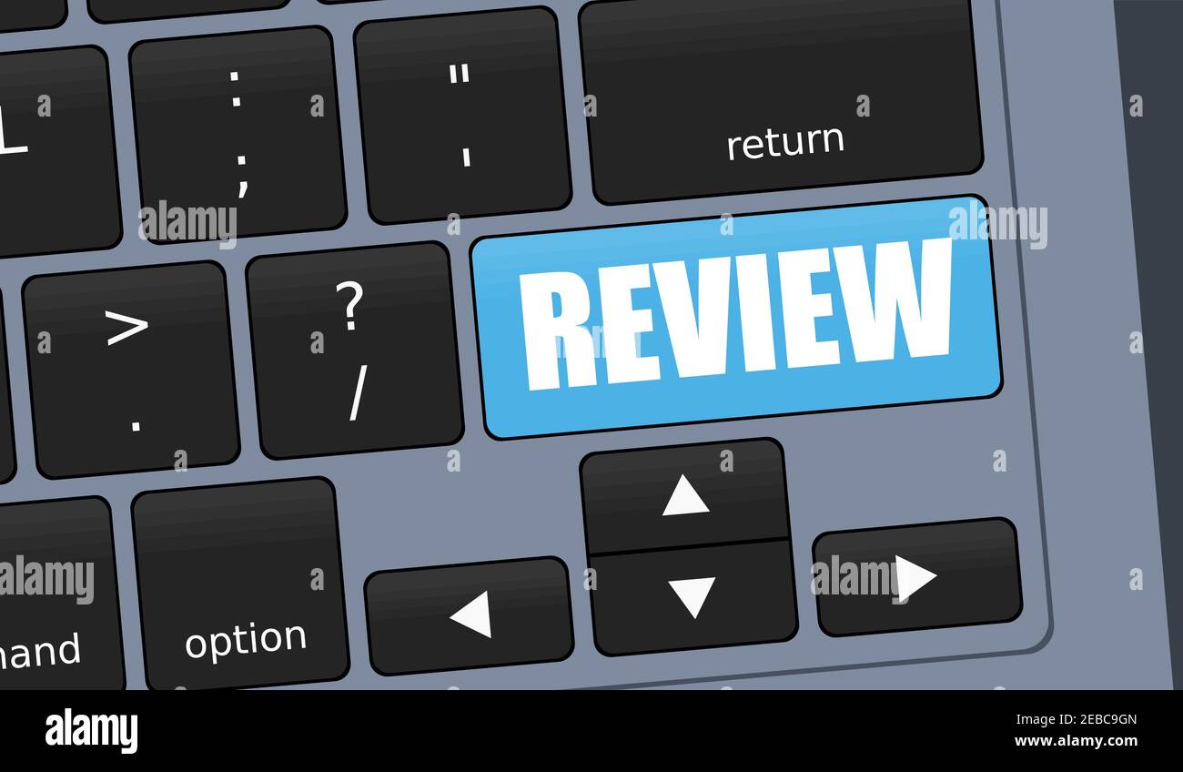 Review special button. Laptop keyboard conceptual illustration. Online ...