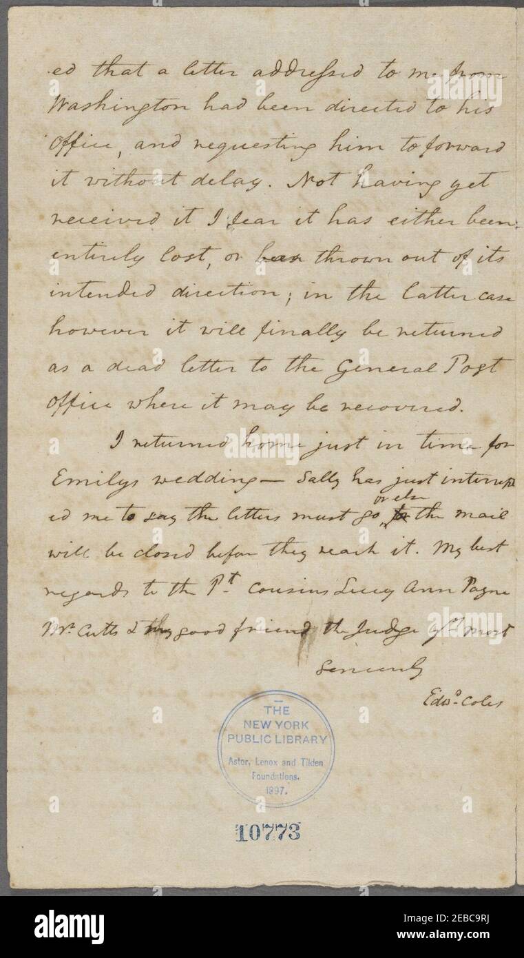 Letter from Edward Coles to Dolley Madison Stock Photo - Alamy