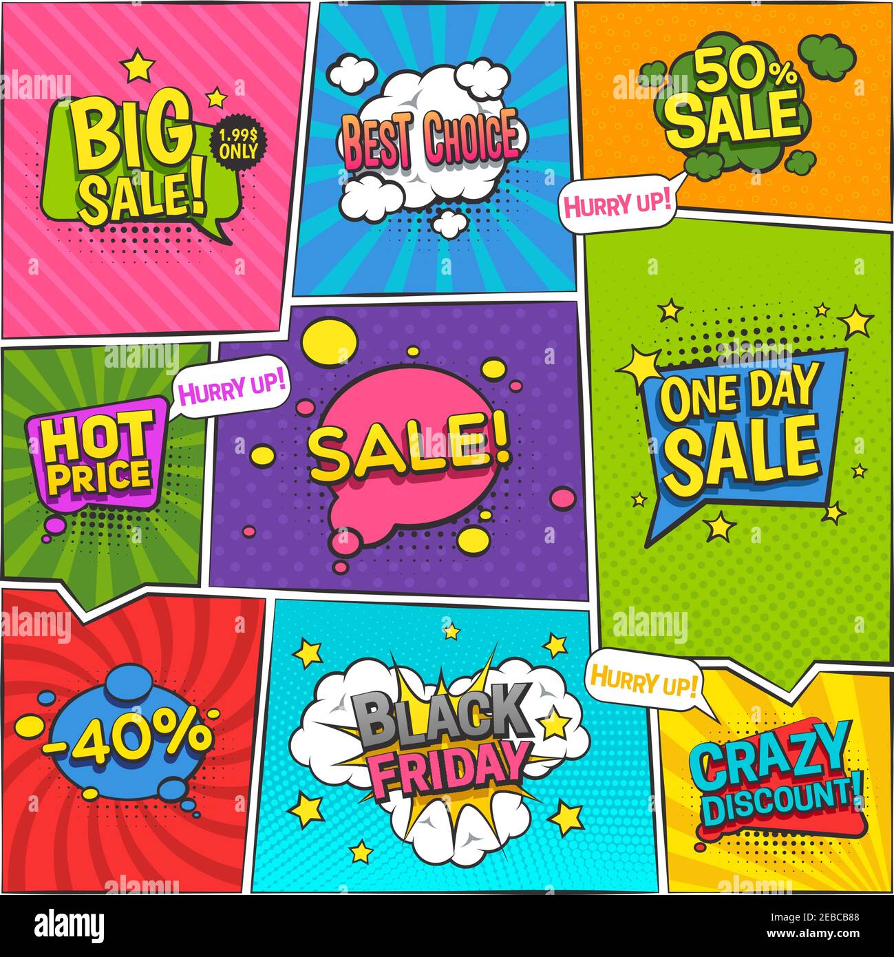 Sale comic page design with discount symbols flat isolated vector ...