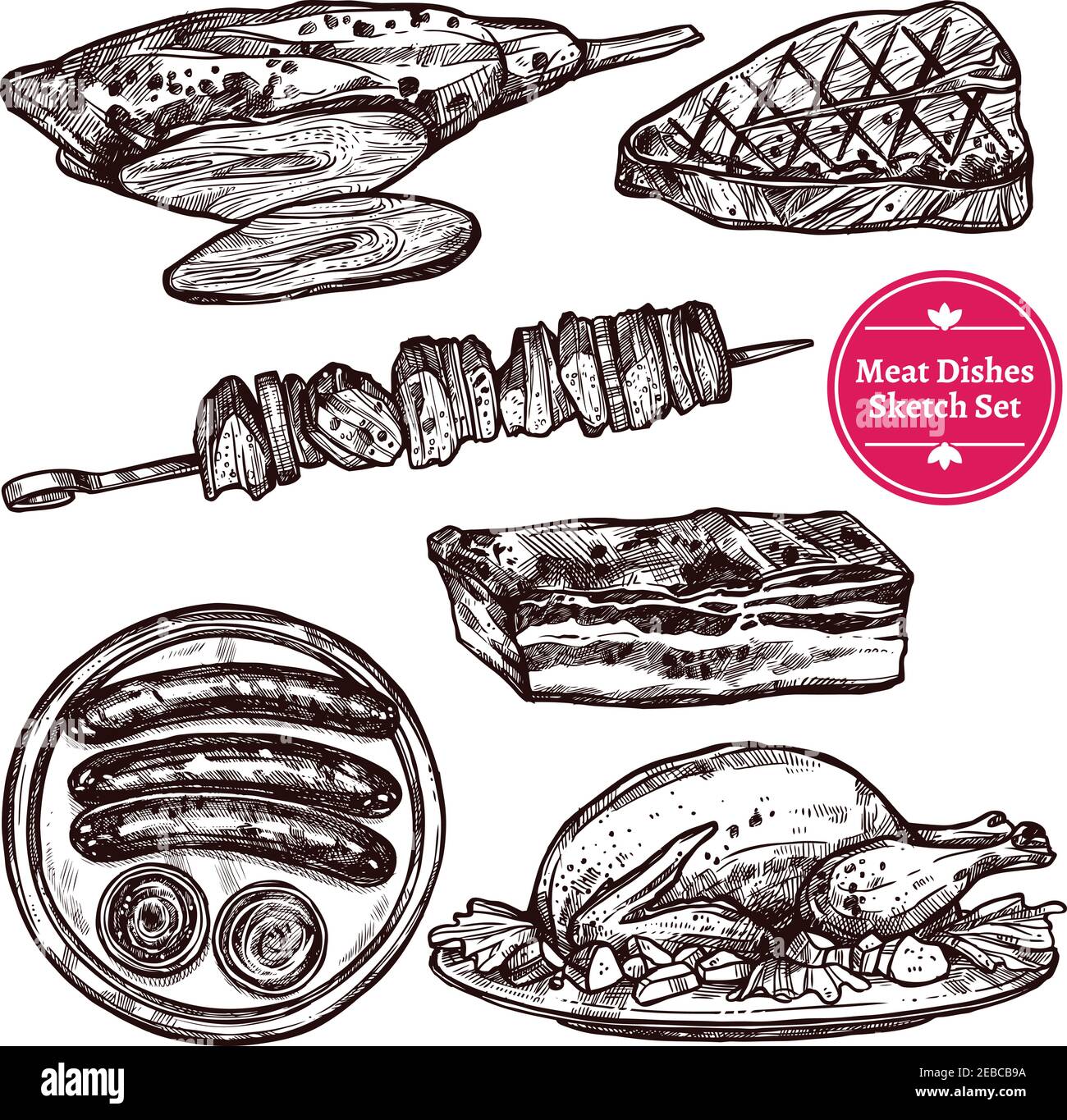 Meat dishes set with sausages wurst steak chicken barbecue beef in ...