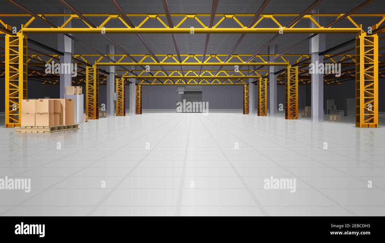 Warehouse and storage interior realistic background with boxes and ...
