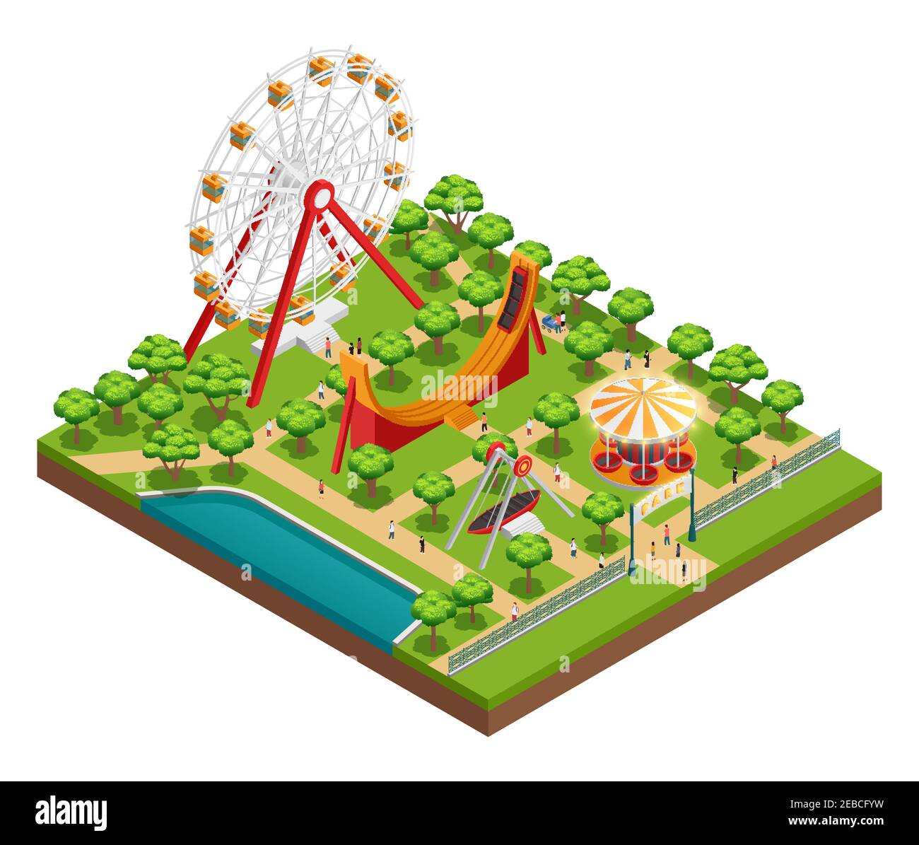Amusement park isometric composition with carousel and ferris wheel ...