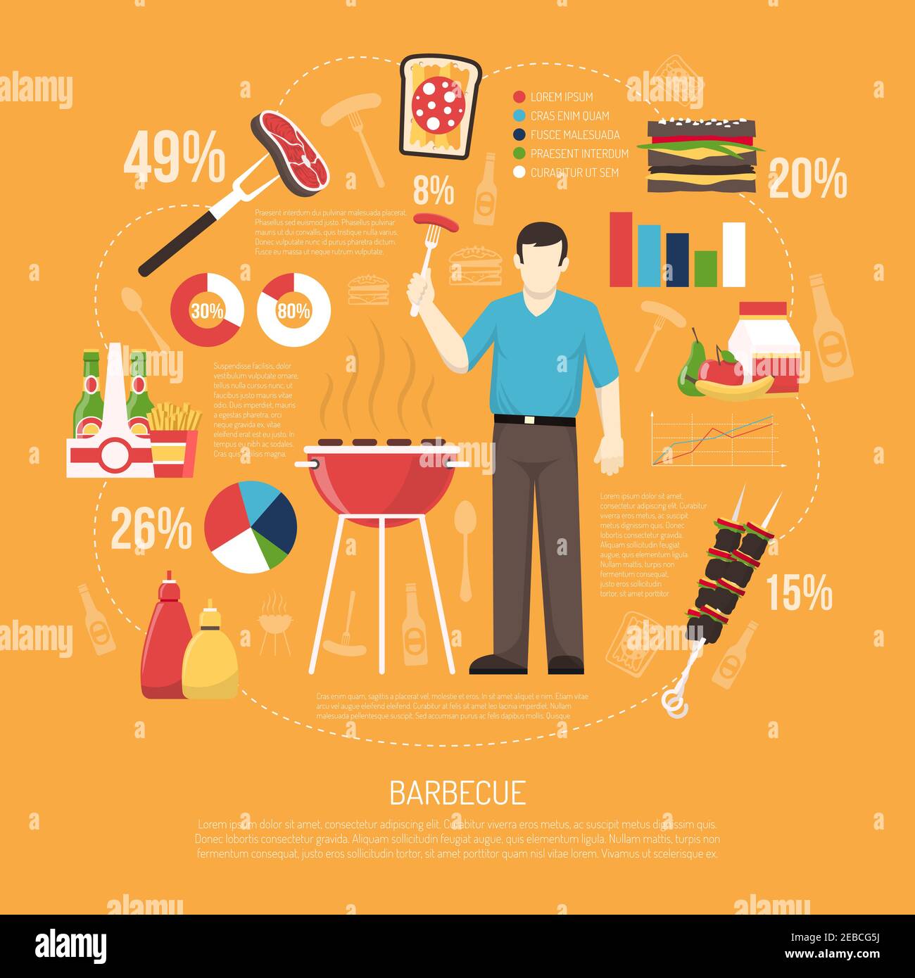 Barbecue infographics flat layout with bar and circle charts and ...