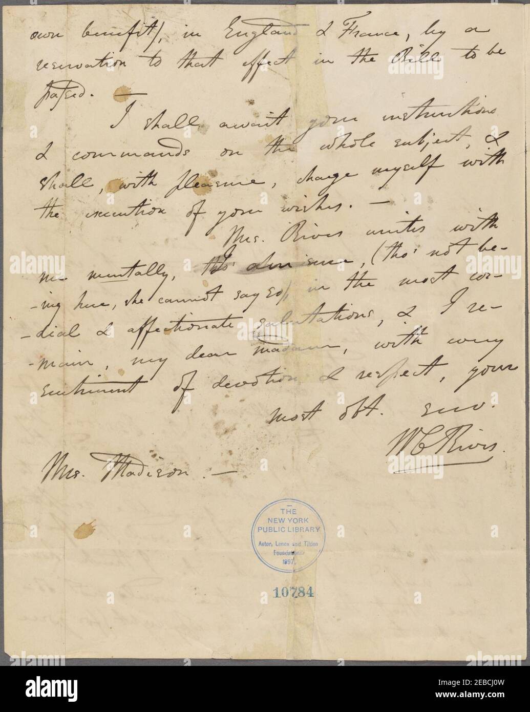 Letter from William Cabell Rives to Dolley Madison Stock Photo - Alamy