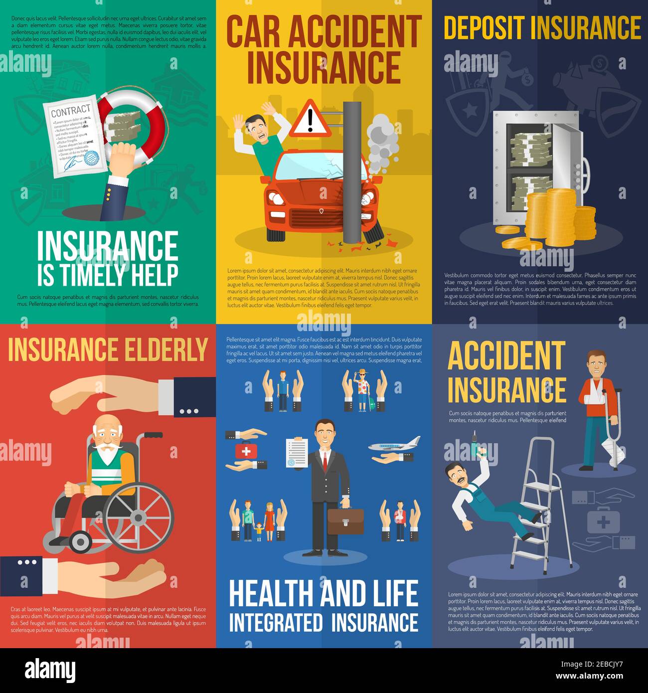 Insurance mni poster set with car acciden deposit health and life help ...