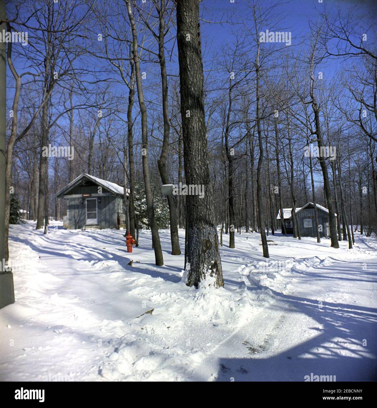Camp David in the snow, views. Dogwood (far left) and Maple Cabins at ...