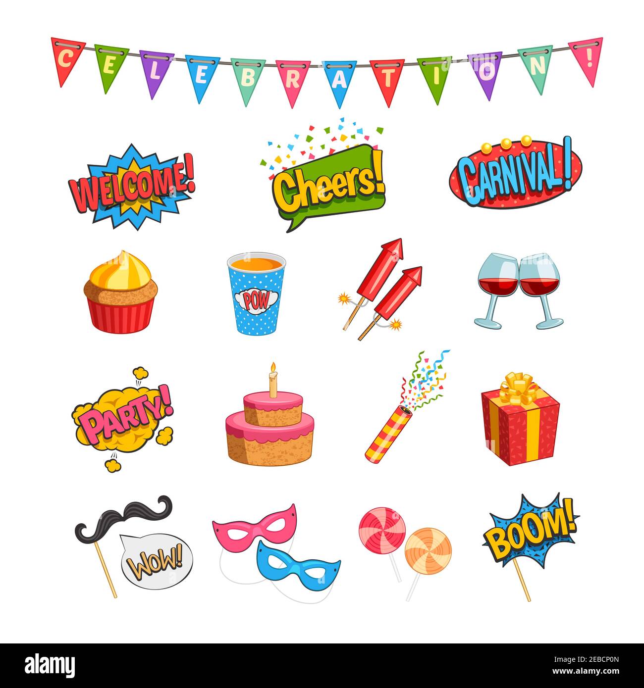 Party comic elements set with fireworks and cake flat isolated vector ...